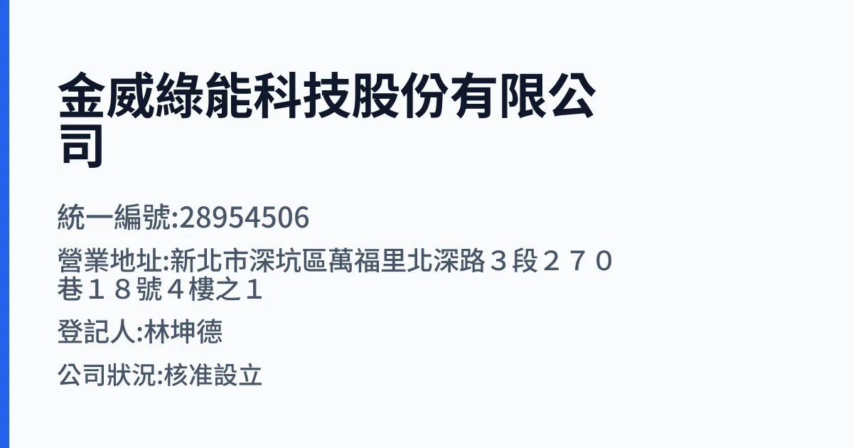 金威綠能科技股份有限公司 - 統編 28954506(新北市) 公司登記資料與營業項目詳細圖表