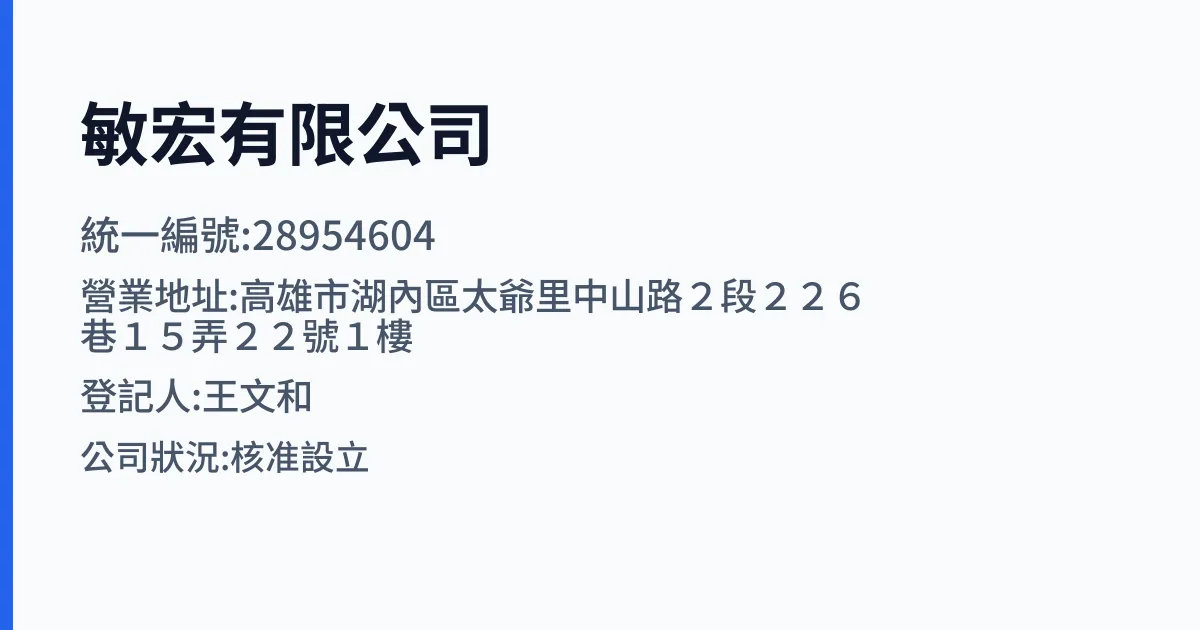 敏宏有限公司 - 統編 28954604(高雄市) 公司登記資料與營業項目詳細圖表