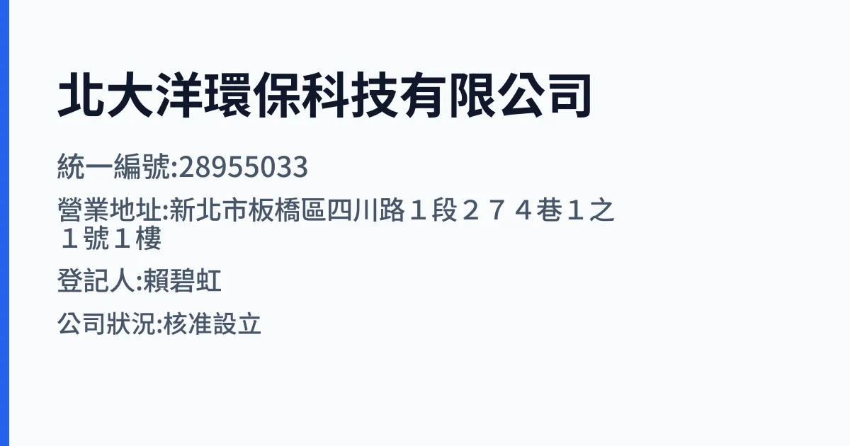 北大洋環保科技有限公司 - 統編 28955033(新北市) 公司登記資料與營業項目詳細圖表