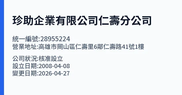 珍助企業有限公司仁壽分公司的照片-統編 28955224(高雄市) 公司登記資料與營業項目詳細圖表