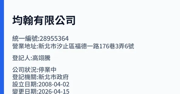 均翰有限公司的照片-統編 28955364(新北市) 公司登記資料與營業項目詳細圖表