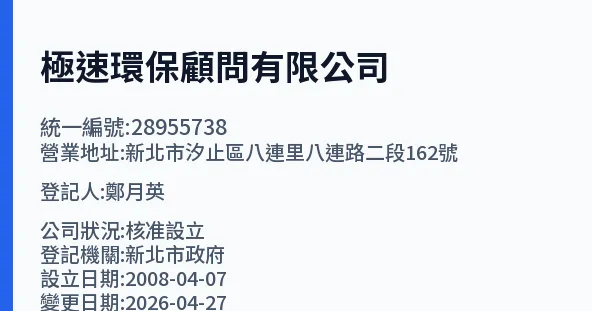 極速環保顧問有限公司的照片-統編 28955738(新北市) 公司登記資料與營業項目詳細圖表