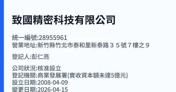致國精密科技有限公司的照片-統編 28955961(新竹縣) 公司登記資料與營業項目詳細圖表