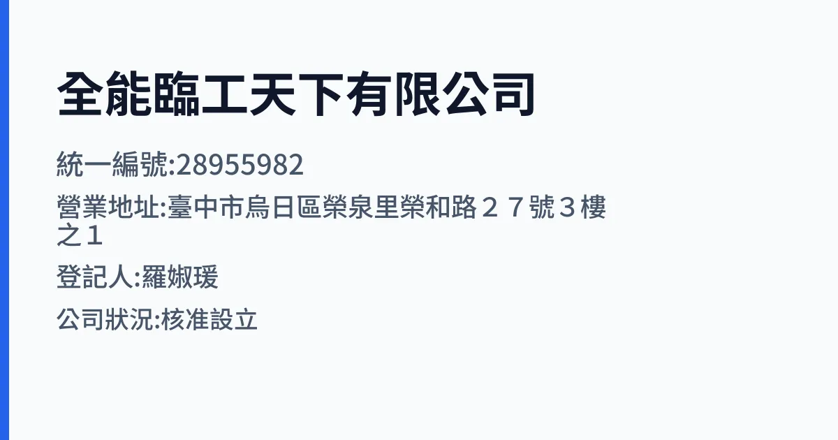 全能臨工天下有限公司 - 統編 28955982(臺中市) 公司登記資料與營業項目詳細圖表
