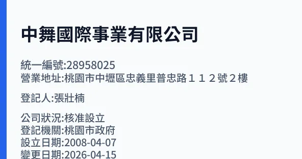 中舞國際事業有限公司的照片-統編 28958025(桃園市) 公司登記資料與營業項目詳細圖表