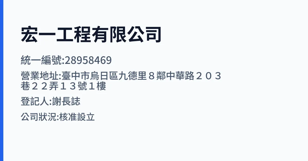 宏一工程有限公司 - 統編 28958469(臺中市) 公司登記資料與營業項目詳細圖表