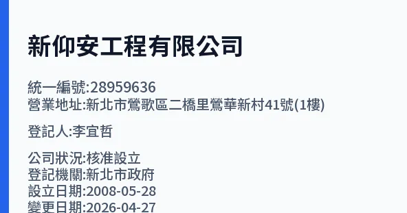 新仰安工程有限公司的照片-統編 28959636(新北市) 公司登記資料與營業項目詳細圖表