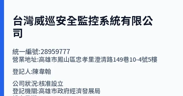 台灣威巡安全監控系統有限公司的照片-統編 28959777(高雄市) 公司登記資料與營業項目詳細圖表