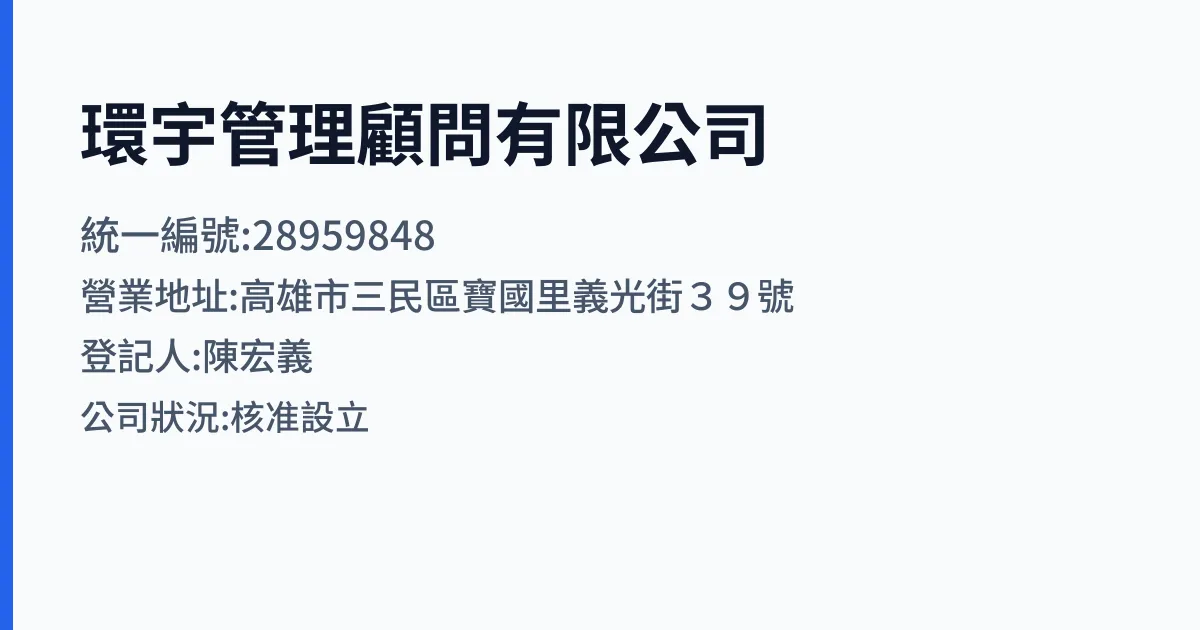 環宇管理顧問有限公司 - 統編 28959848(高雄市) 公司登記資料與營業項目詳細圖表