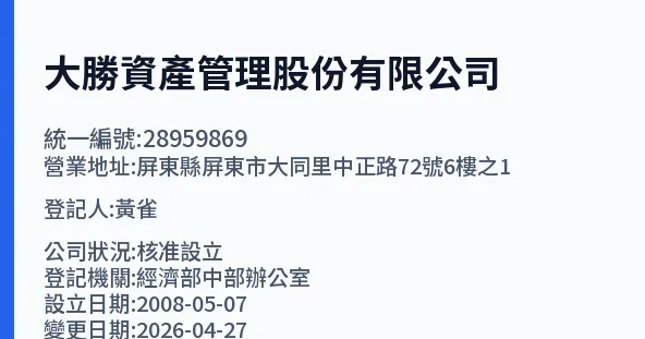 大勝資產管理股份有限公司的照片-統編 28959869(屏東縣) 公司登記資料與營業項目詳細圖表