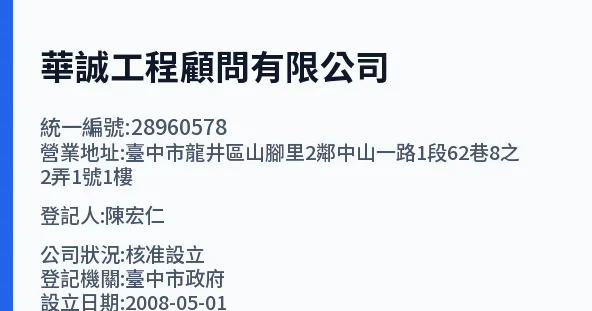 華誠工程顧問有限公司的照片-統編 28960578(臺中市) 公司登記資料與營業項目詳細圖表