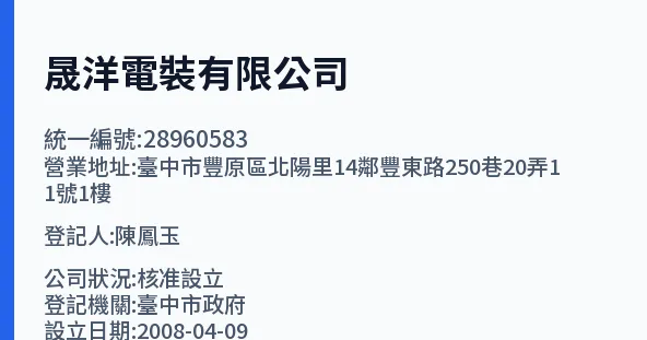晟洋電裝有限公司的照片-統編 28960583(臺中市) 公司登記資料與營業項目詳細圖表