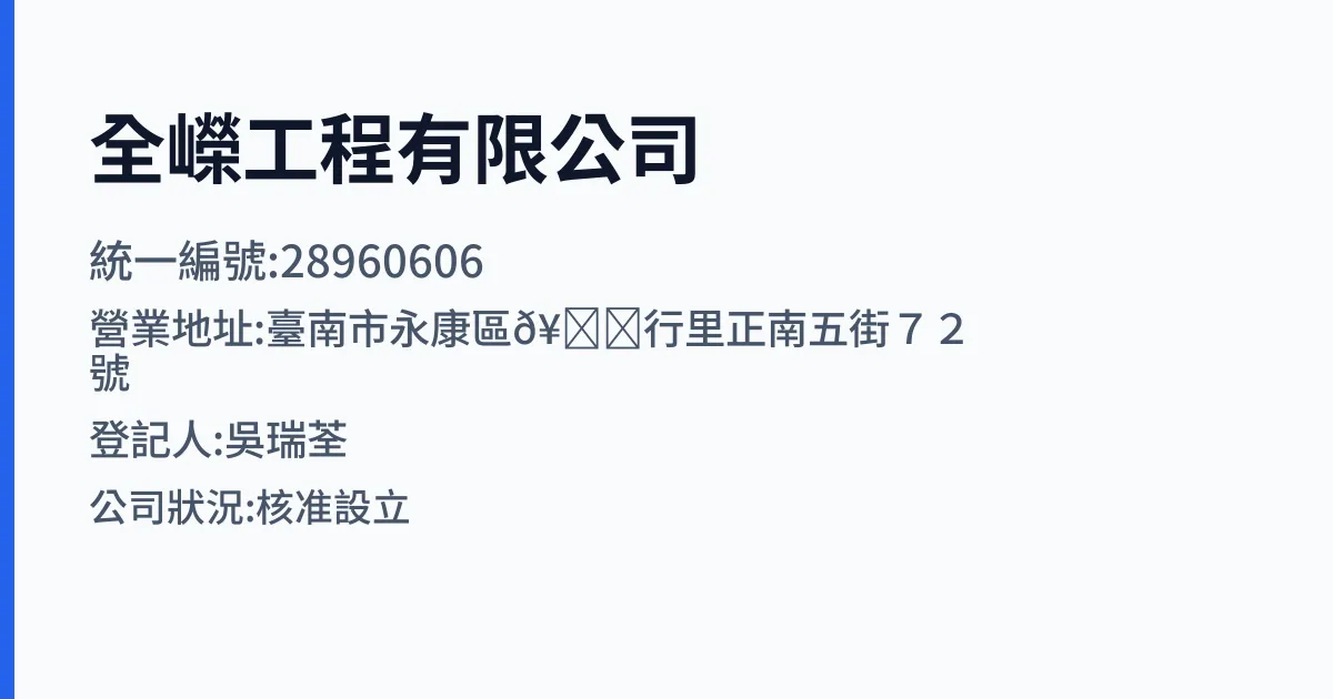 全嶸工程有限公司 - 統編 28960606(臺南市) 公司登記資料與營業項目詳細圖表