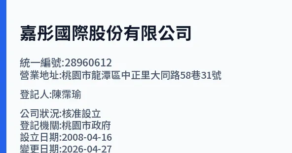 嘉彤國際股份有限公司的照片-統編 28960612(桃園市) 公司登記資料與營業項目詳細圖表