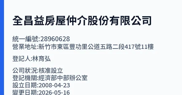 全昌益房屋仲介股份有限公司的照片-統編 28960628(新竹市) 公司登記資料與營業項目詳細圖表