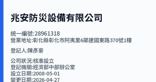 兆安防災設備有限公司的照片-統編 28961318(彰化縣) 公司登記資料與營業項目詳細圖表