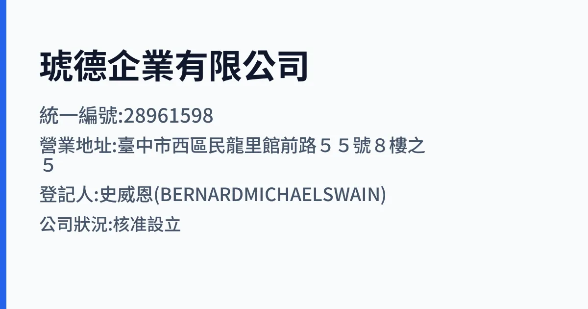 琥德企業有限公司 - 統編 28961598(臺中市) 公司登記資料與營業項目詳細圖表