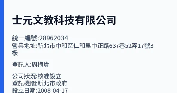 士元文教科技有限公司的照片-統編 28962034(新北市) 公司登記資料與營業項目詳細圖表