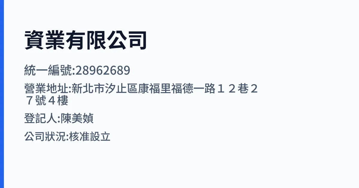 資業有限公司 - 統編 28962689(新北市) 公司登記資料與營業項目詳細圖表