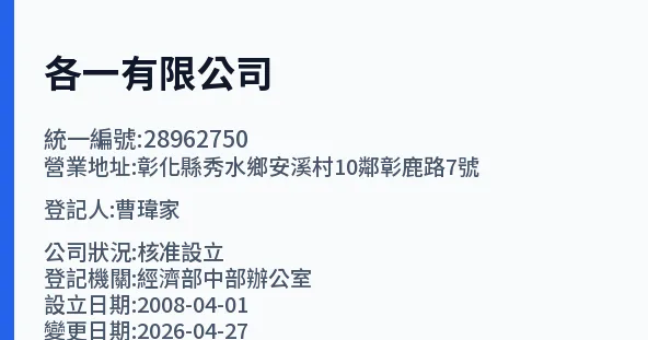 各一有限公司的照片-統編 28962750(彰化縣) 公司登記資料與營業項目詳細圖表