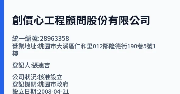 創價心工程顧問股份有限公司的照片-統編 28963358(桃園市) 公司登記資料與營業項目詳細圖表
