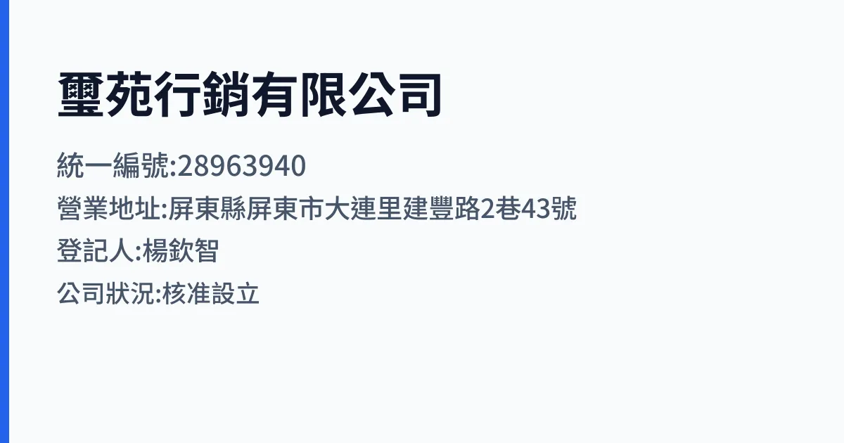 璽苑行銷有限公司 - 統編 28963940(屏東縣) 公司登記資料與營業項目詳細圖表