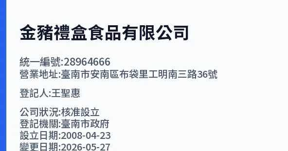 金豬禮盒食品有限公司的照片-統編 28964666(臺南市) 公司登記資料與營業項目詳細圖表