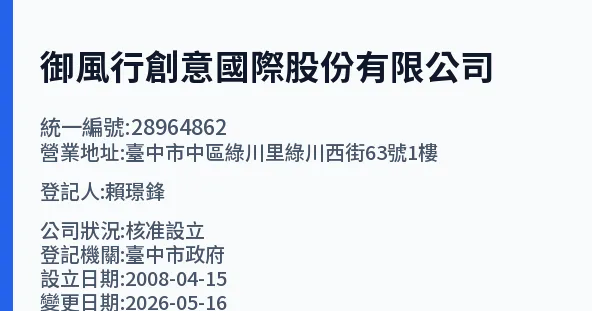 御風行創意國際股份有限公司的照片-統編 28964862(臺中市) 公司登記資料與營業項目詳細圖表