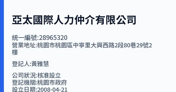 亞太國際人力仲介有限公司的照片-統編 28965320(桃園市) 公司登記資料與營業項目詳細圖表