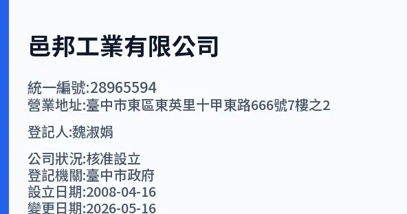 邑邦工業有限公司的照片-統編 28965594(臺中市) 公司登記資料與營業項目詳細圖表