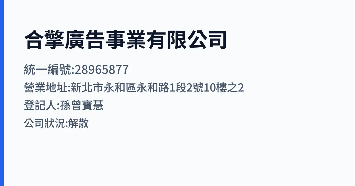 合擎廣告事業有限公司 - 統編 28965877(新北市) 公司登記資料與營業項目詳細圖表
