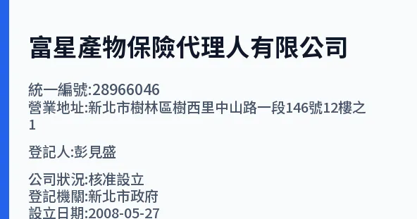 富星產物保險代理人有限公司的照片-統編 28966046(新北市) 公司登記資料與營業項目詳細圖表