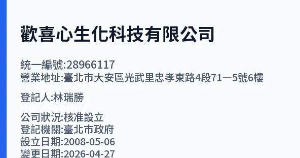 歡喜心生化科技有限公司的照片-統編 28966117(臺北市) 公司登記資料與營業項目詳細圖表