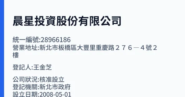 晨星投資股份有限公司的照片-統編 28966186(新北市) 公司登記資料與營業項目詳細圖表