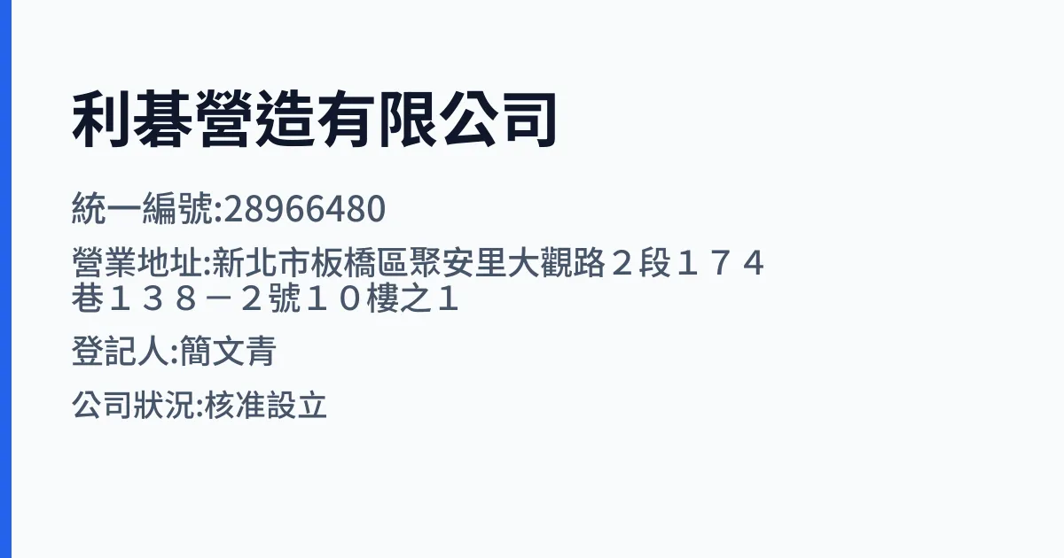 利碁營造有限公司 - 統編 28966480(新北市) 公司登記資料與營業項目詳細圖表