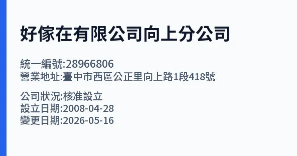 好傢在有限公司向上分公司的照片-統編 28966806(臺中市) 公司登記資料與營業項目詳細圖表