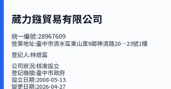 葳力鏹貿易有限公司的照片-統編 28967609(臺中市) 公司登記資料與營業項目詳細圖表