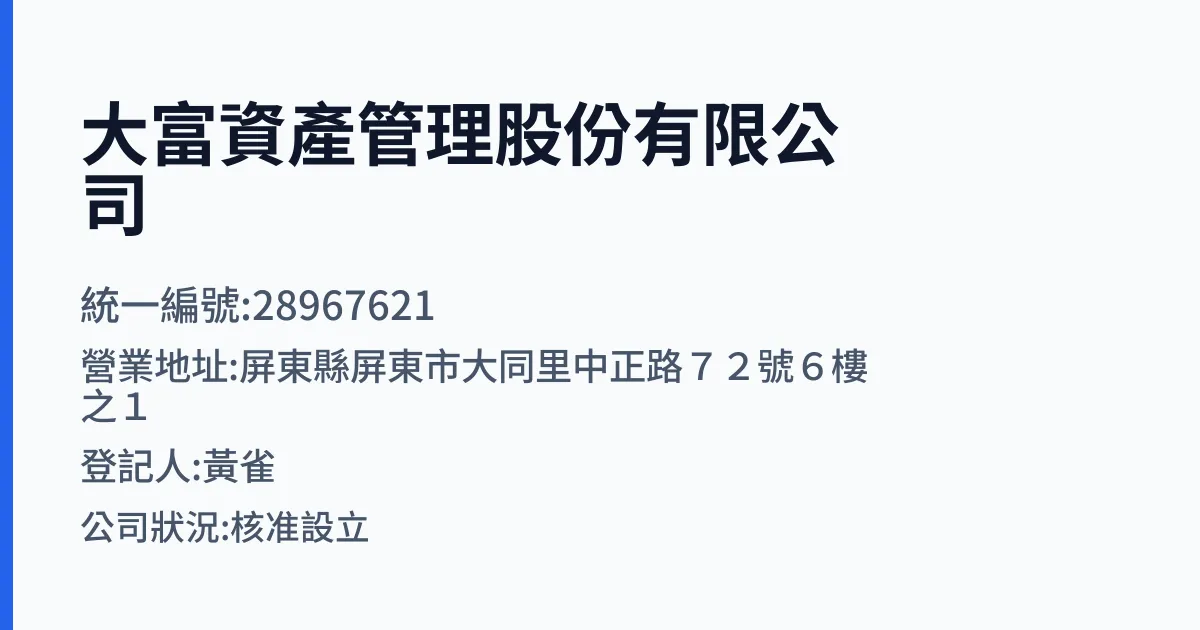 大富資產管理股份有限公司 - 統編 28967621(屏東縣) 公司登記資料與營業項目詳細圖表