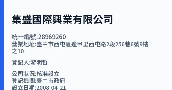 集盛國際興業有限公司的照片-統編 28969260(臺中市) 公司登記資料與營業項目詳細圖表