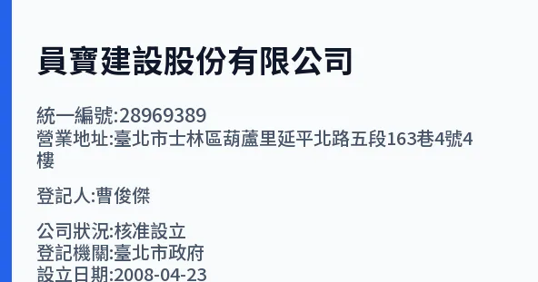 員寶建設股份有限公司的照片-統編 28969389(臺北市) 公司登記資料與營業項目詳細圖表