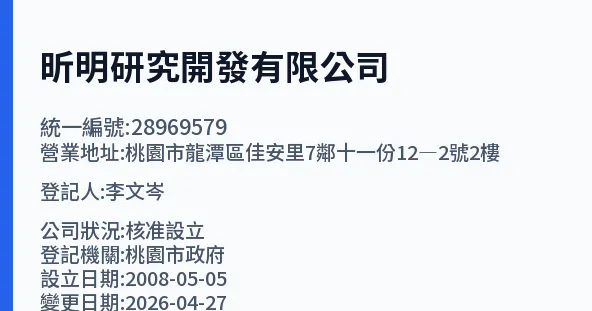 昕明研究開發有限公司的照片-統編 28969579(桃園市) 公司登記資料與營業項目詳細圖表