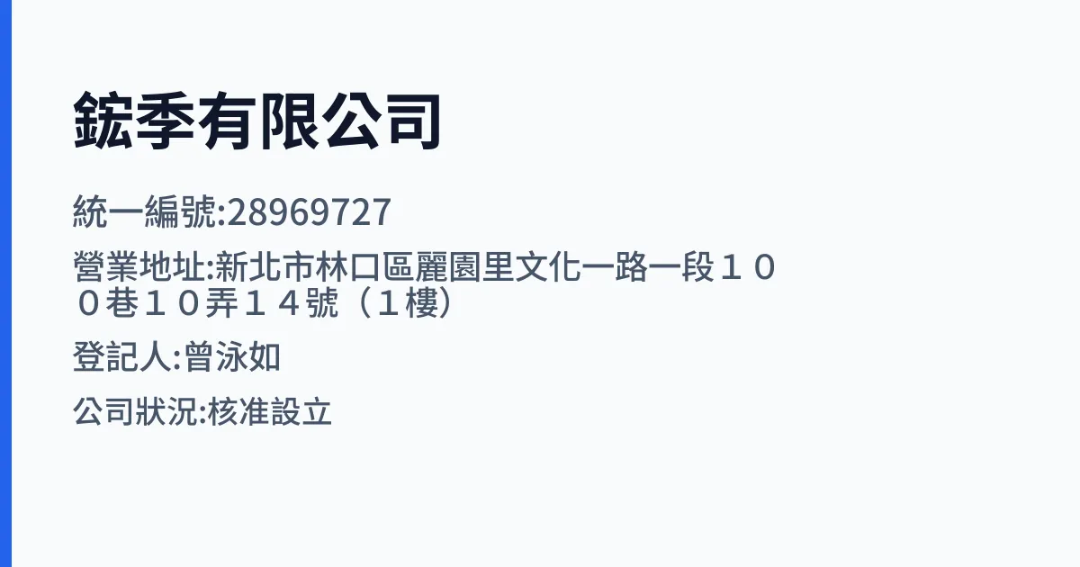 鋐季有限公司 - 統編 28969727(新北市) 公司登記資料與營業項目詳細圖表