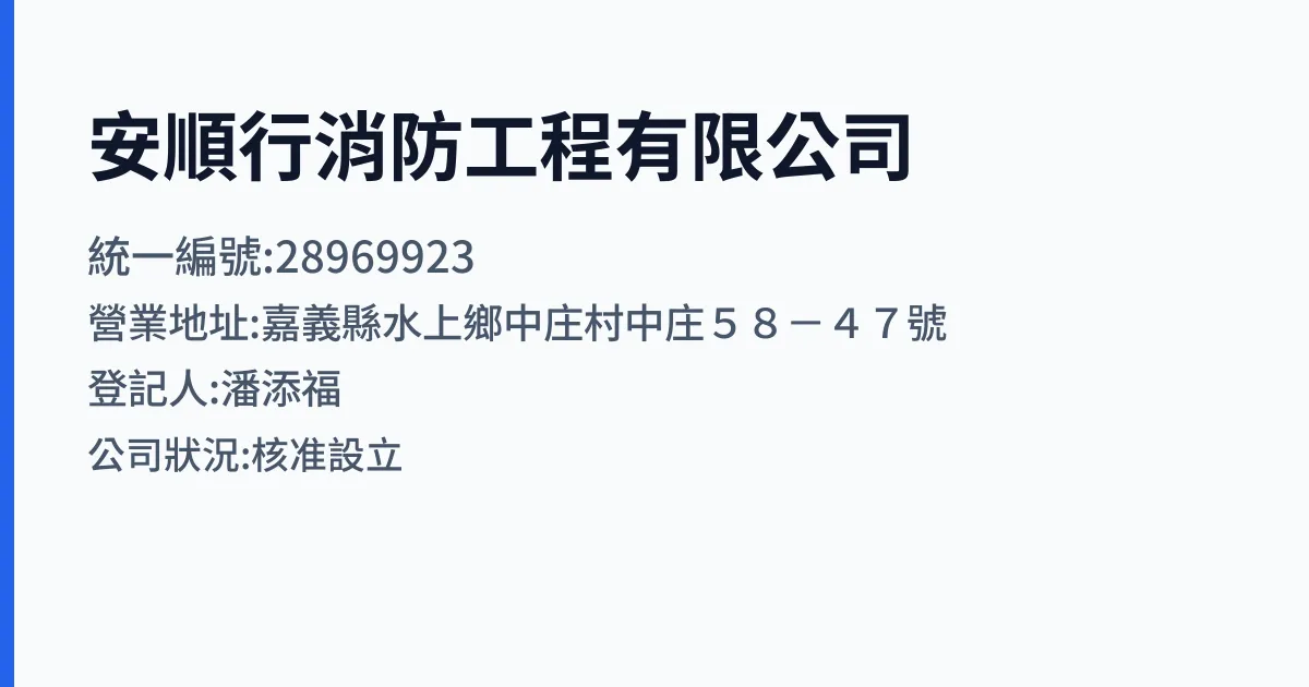 安順行消防工程有限公司 - 統編 28969923(嘉義縣) 公司登記資料與營業項目詳細圖表