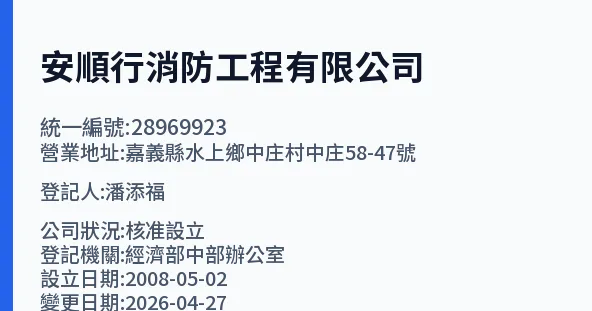 安順行消防工程有限公司的照片-統編 28969923(嘉義縣) 公司登記資料與營業項目詳細圖表