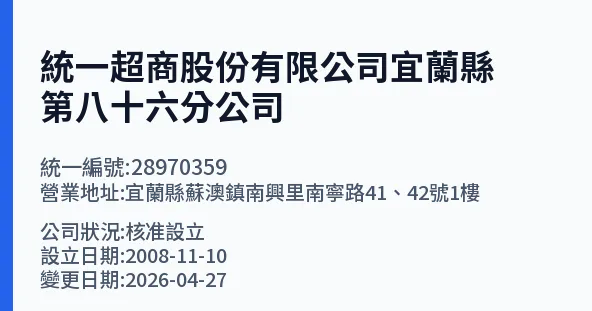 統一超商股份有限公司宜蘭縣第八十六分公司的照片-統編 28970359(宜蘭縣) 公司登記資料與營業項目詳細圖表