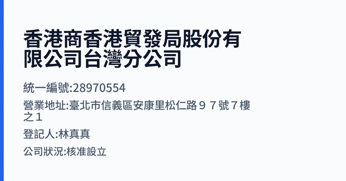 香港商香港貿發局股份有限公司台灣分公司 - 統編 28970554(臺北市) 公司登記資料與營業項目詳細圖表