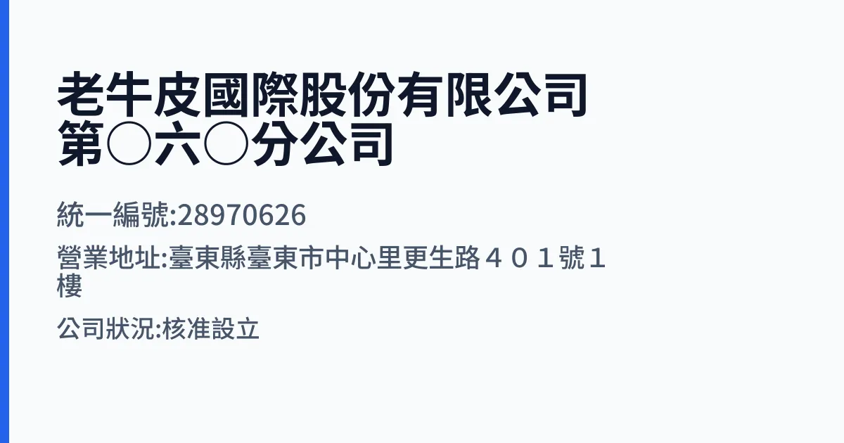 老牛皮國際股份有限公司第○六○分公司 - 統編 28970626(臺東縣) 公司登記資料與營業項目詳細圖表