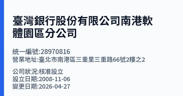 臺灣銀行股份有限公司南港軟體園區分公司的照片-統編 28970816(臺北市) 公司登記資料與營業項目詳細圖表
