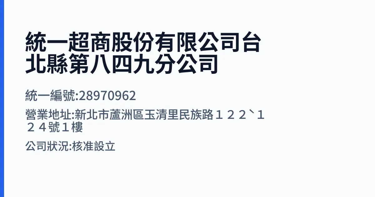 統一超商股份有限公司台北縣第八四九分公司 - 統編 28970962(新北市) 公司登記資料與營業項目詳細圖表