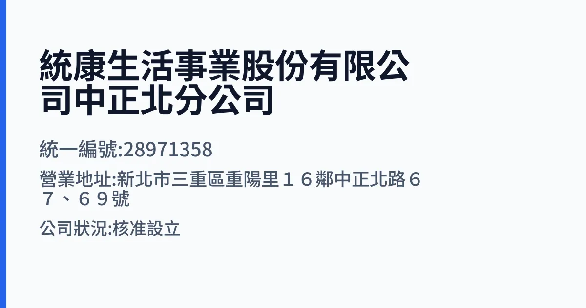 統康生活事業股份有限公司中正北分公司 - 統編 28971358(新北市) 公司登記資料與營業項目詳細圖表